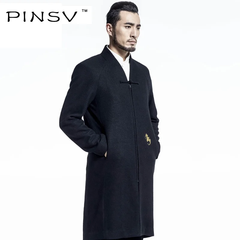 PINSV Men Trench Coats Traditional Chinese Style Full Sleeve V Neck ...