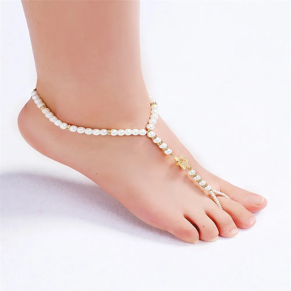 Fashion Sexy Ankle Bracelet Gold Star Beads Ankle Bracelet With Crystalsimulate Pearl Foot