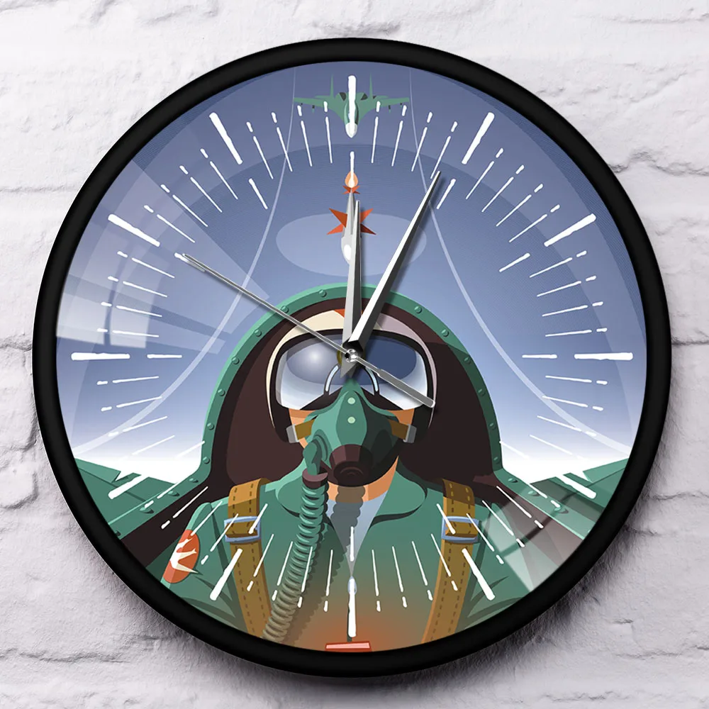 Military Pilot In Aircraft Cockpit Airplane Wall Clock With Black Metal ...