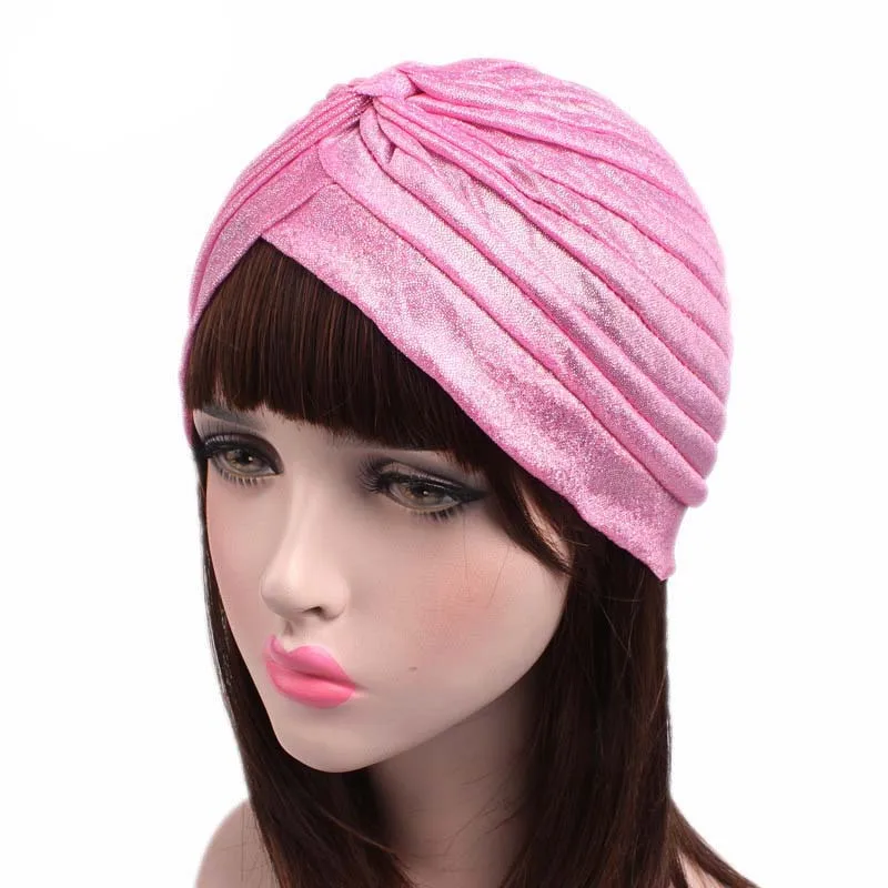 Ladies hood cap New Women Luxury Waxy Color Turban Pleated Headwrap ...