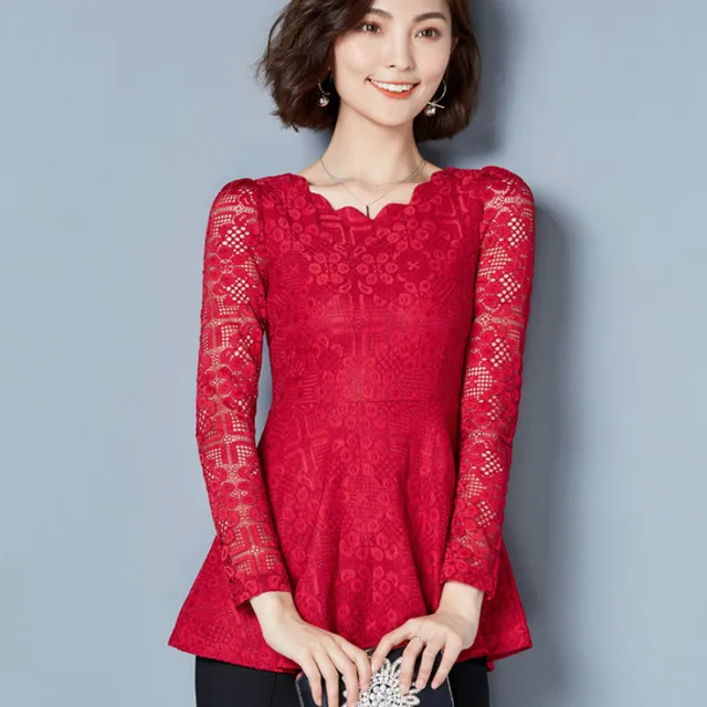 Buy 2018 Autumn Long Sleeve Hollow Out Lace Peplum