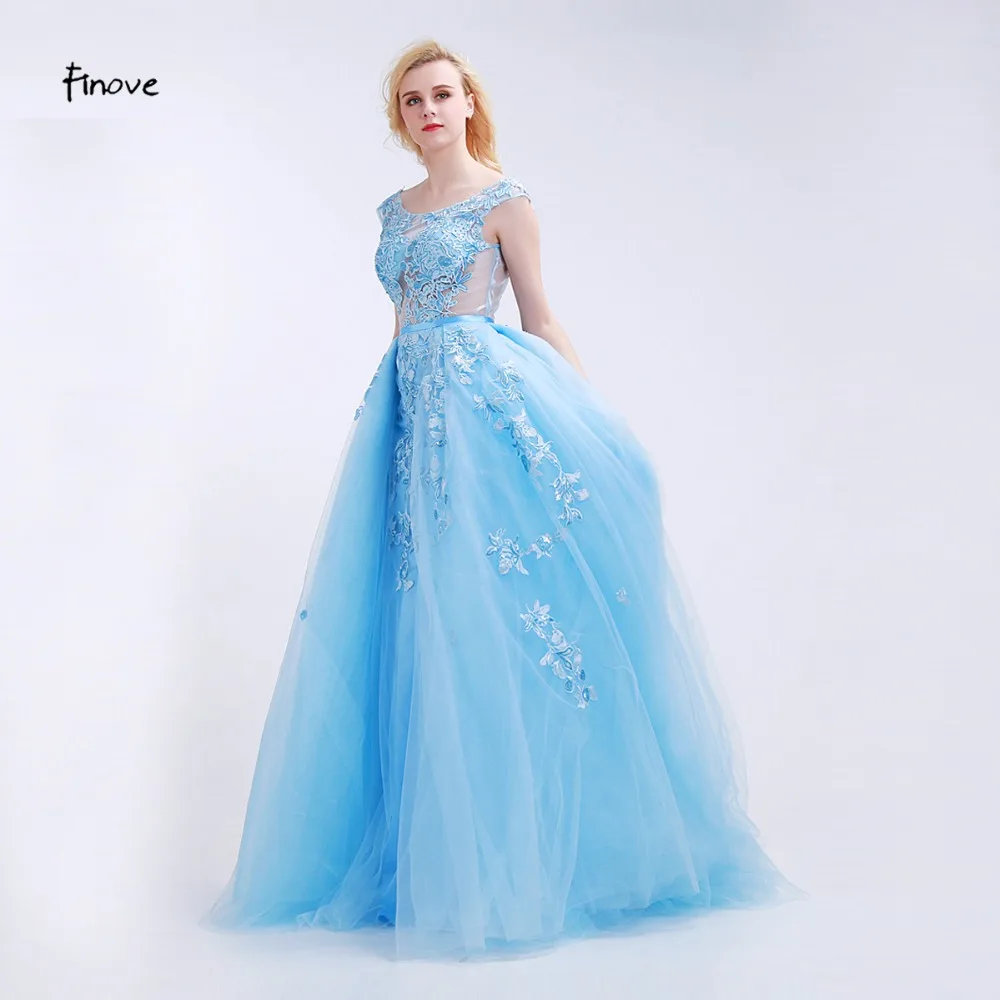 Finove Light Blue Prom Dresses See Through Tulle With Appliques And