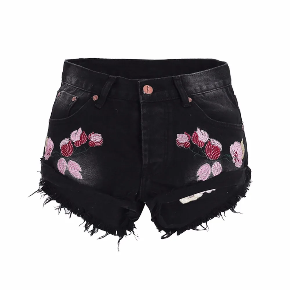 Punk Rivet Shorts Floral Embroidery Mid Waist Curling Tassel Black ...