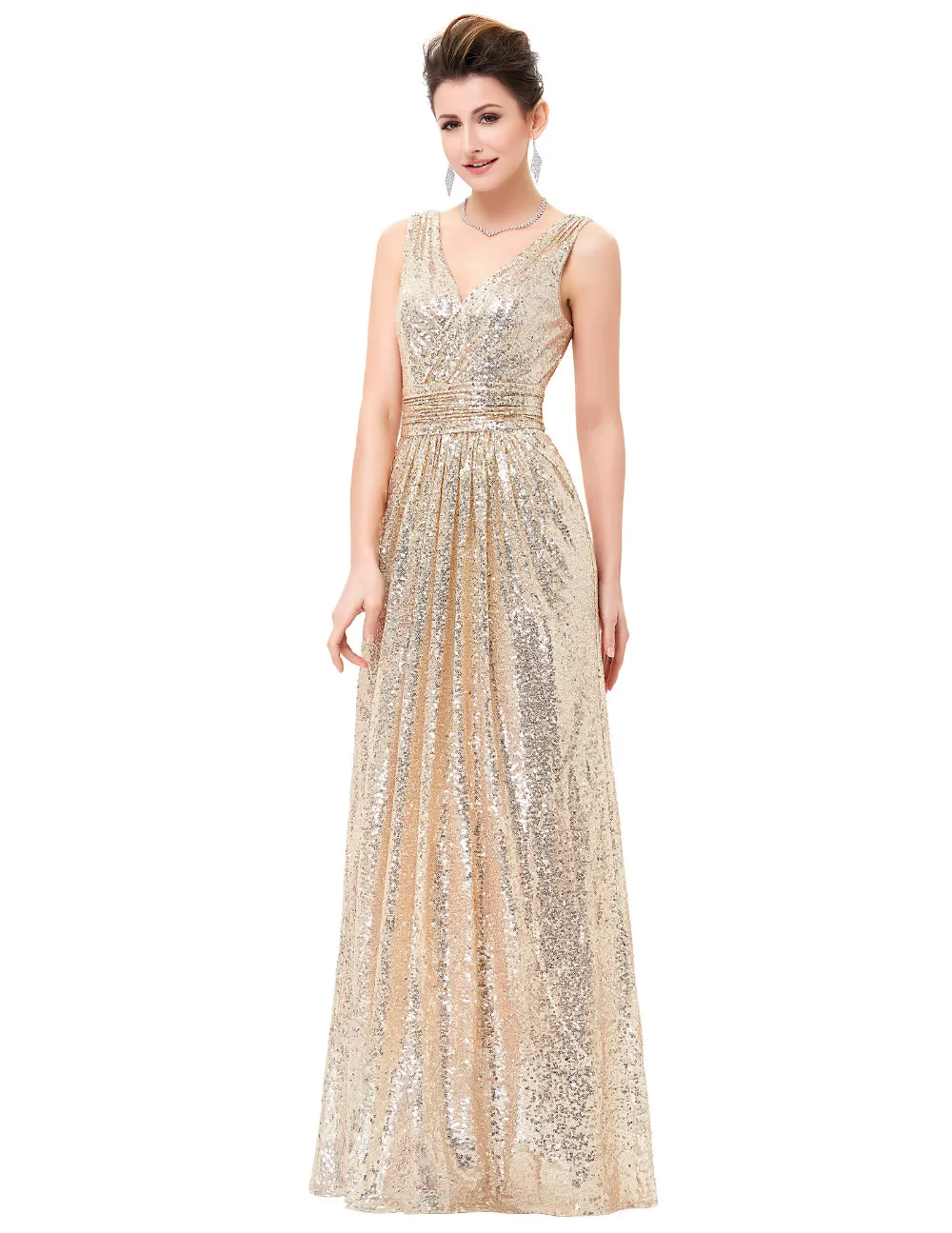 Luxury Long Sequin Sleeveless Double V Neck Evening Dress My Wedding