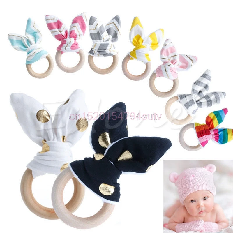 Baby Teething Ring Chewie Teether Safety Wooden Natural Bunny Sensory ...