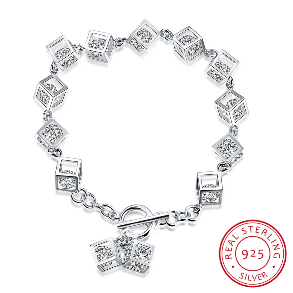 100% Real 925 Sterling Silver Charm Bracelet with Zircon Woman Fashion ...