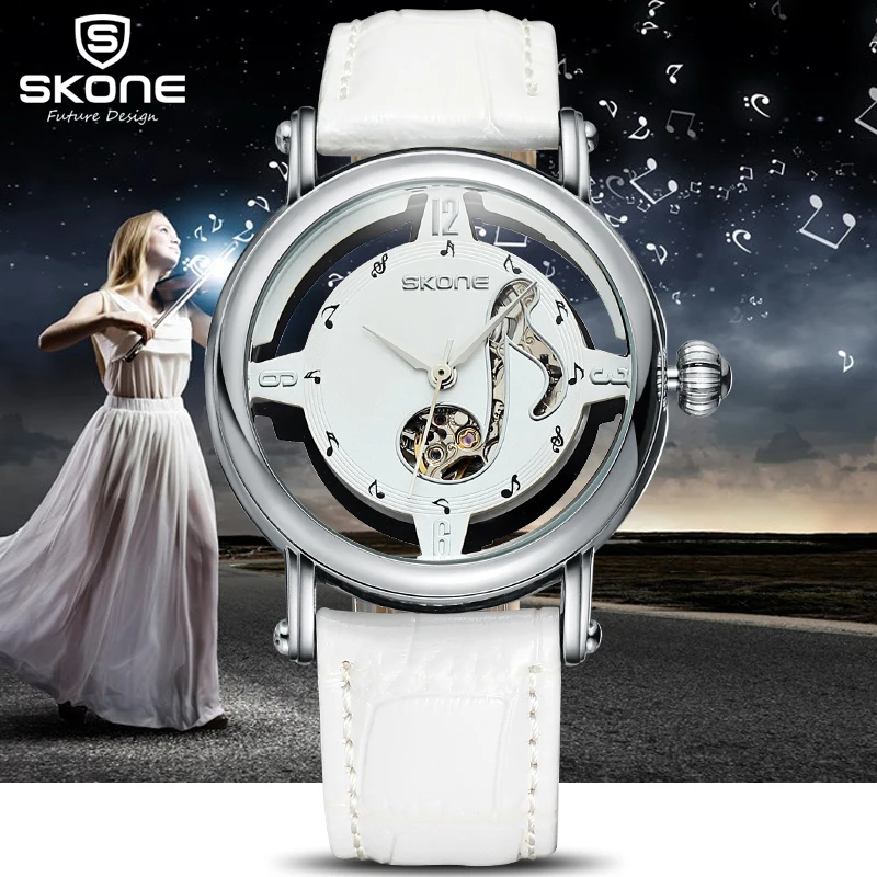 SKONE Notas Rose Gold Automatic SelfWind Relógios Mecânicos Esqueleto ...