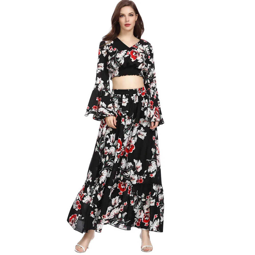 Elegant Bohemian Two Piece Sets Women Crop Tops Maxi Skirt Vintage