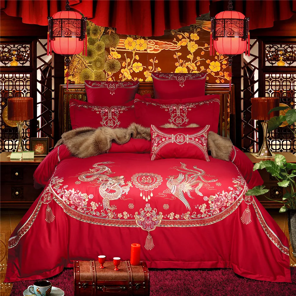 Red Color Chinese Wedding Bedding Set Double Happiness With Dragon And