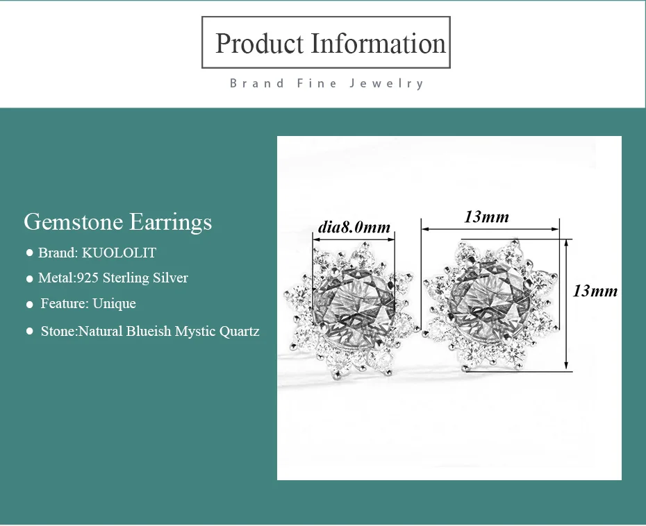 Kuolit натуральный Blueish мистический кварцевый камень серьги-гвоздики для женщин 925 пробы ...