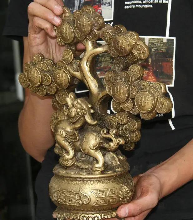 Details about 13" Old Chinese Copper Pi Xiu Wealth Beast Money Tree ...