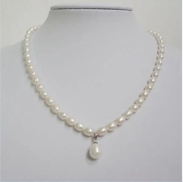 Women Jewelry T 6 7mm White Pearl Necklace Oval Round Pendant Real