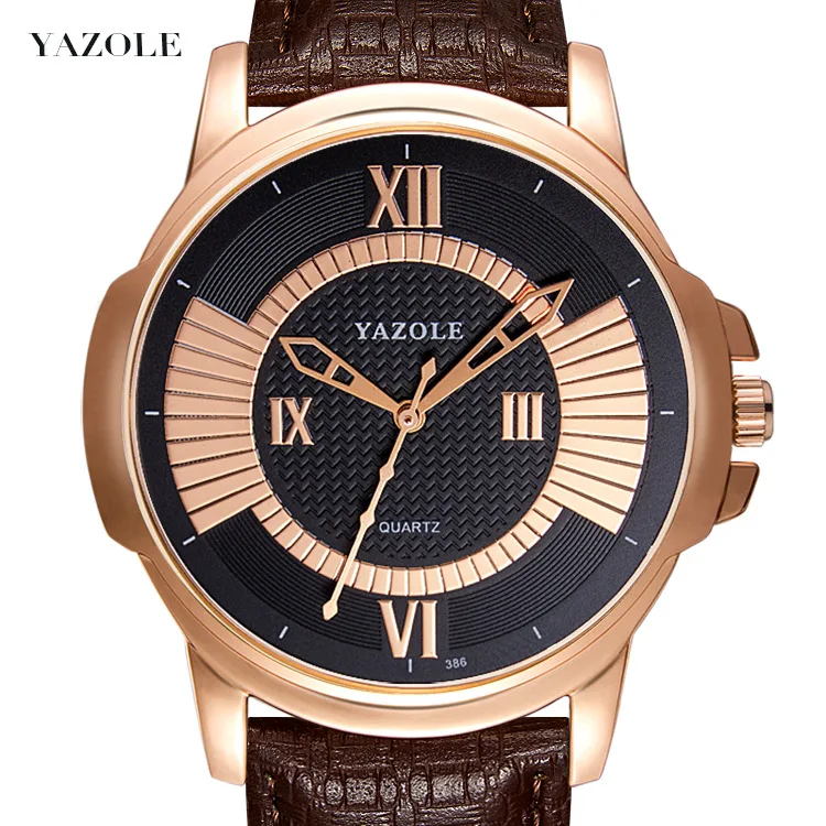 YAZOLE Gold Shell Roman Dial Leather Quartz Watch Men Watches Top Brand ...