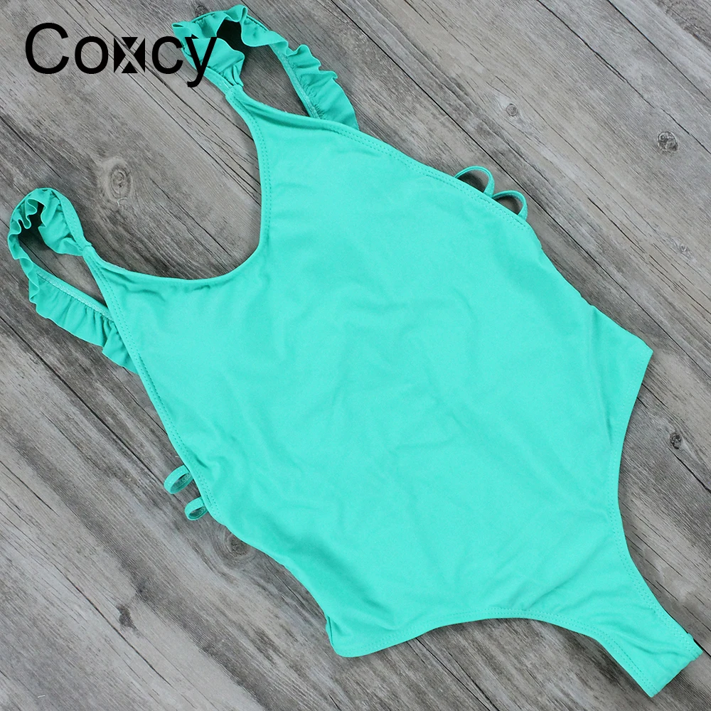 Coxcy Sexy One Piece Bodysuit Plissado Cinta Cintas Swimsuit Backless