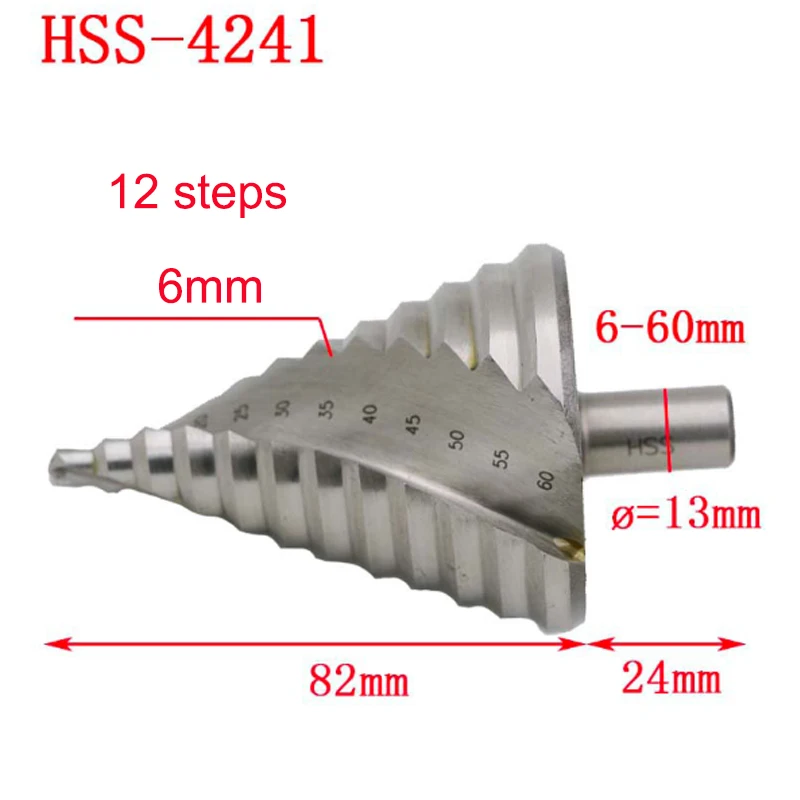 6 60mm Hss 4241 Step Cone Drill Bit Hole Cutter Set 12 Steps Metric Step Drill Wood Plastic ...