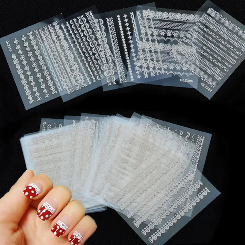 30 Sheet Lace Nail Stickers 3D Mix Design Water Transfer Nail Sticker ...