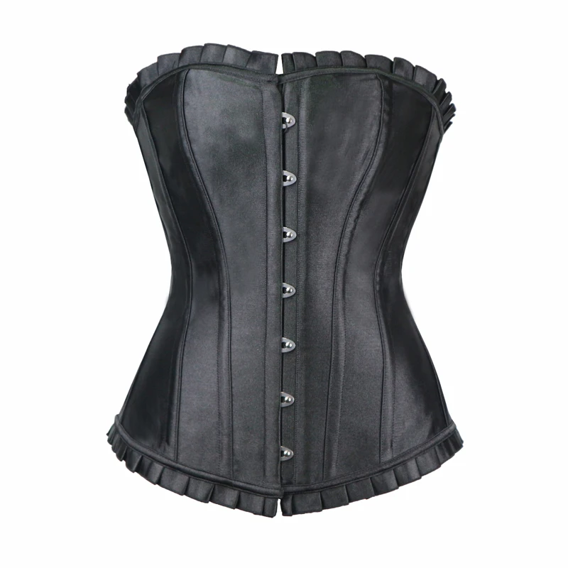 Black Thick Satin Steel Boned Overbust Corset Tight Lacing Back