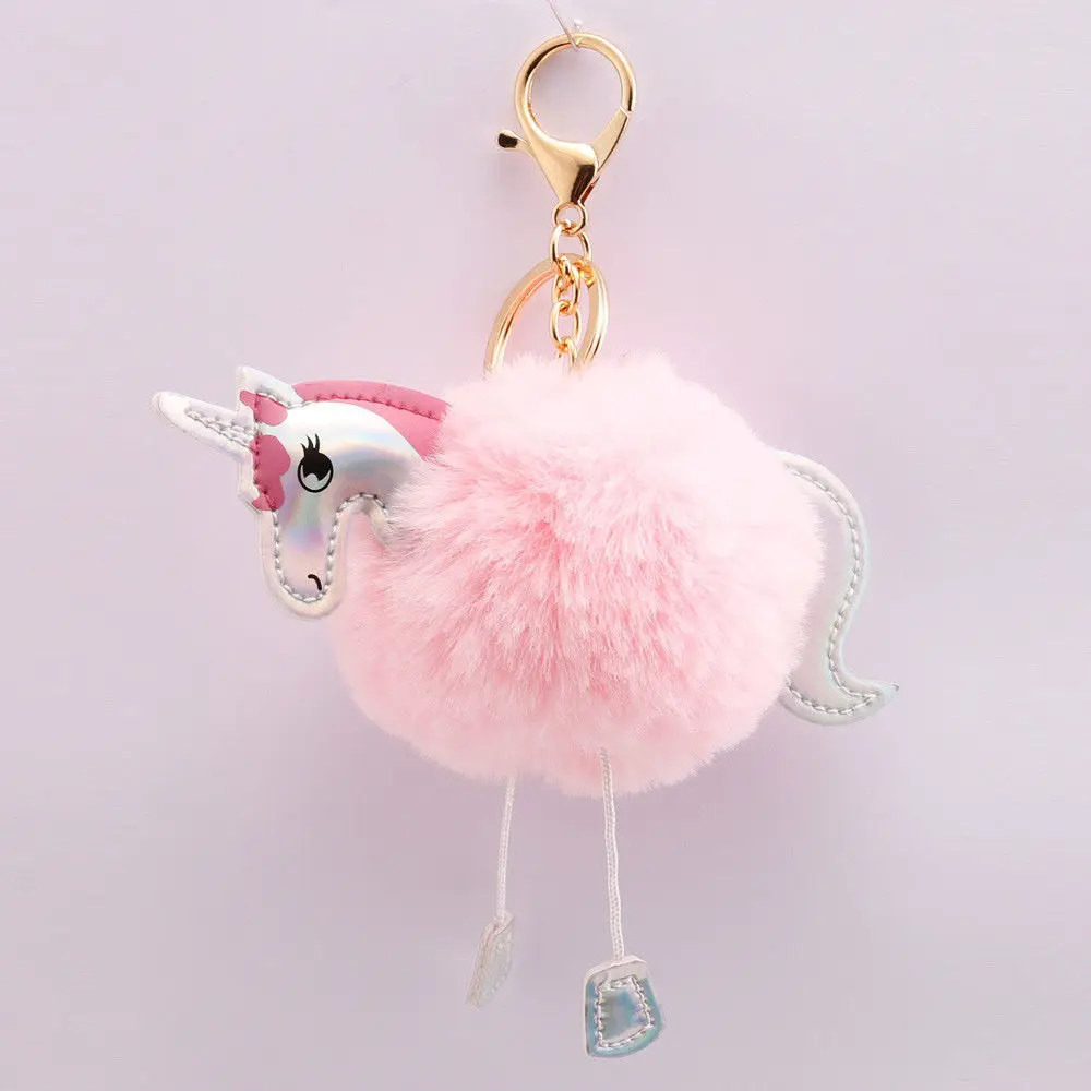 Fashion Pink Pompom Ball Keychain Cute Fluffy Unicorn Animals Keyrings ...