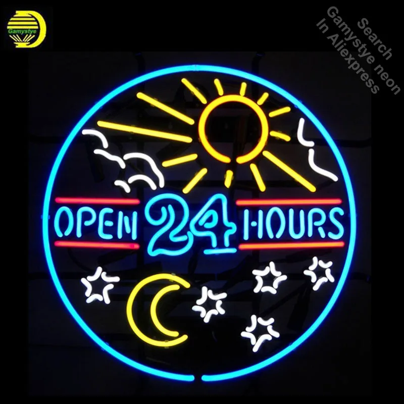 Neon Signs for OPEN 24 hours Neon Bulbs sign Sun and Moon Real Glass ...