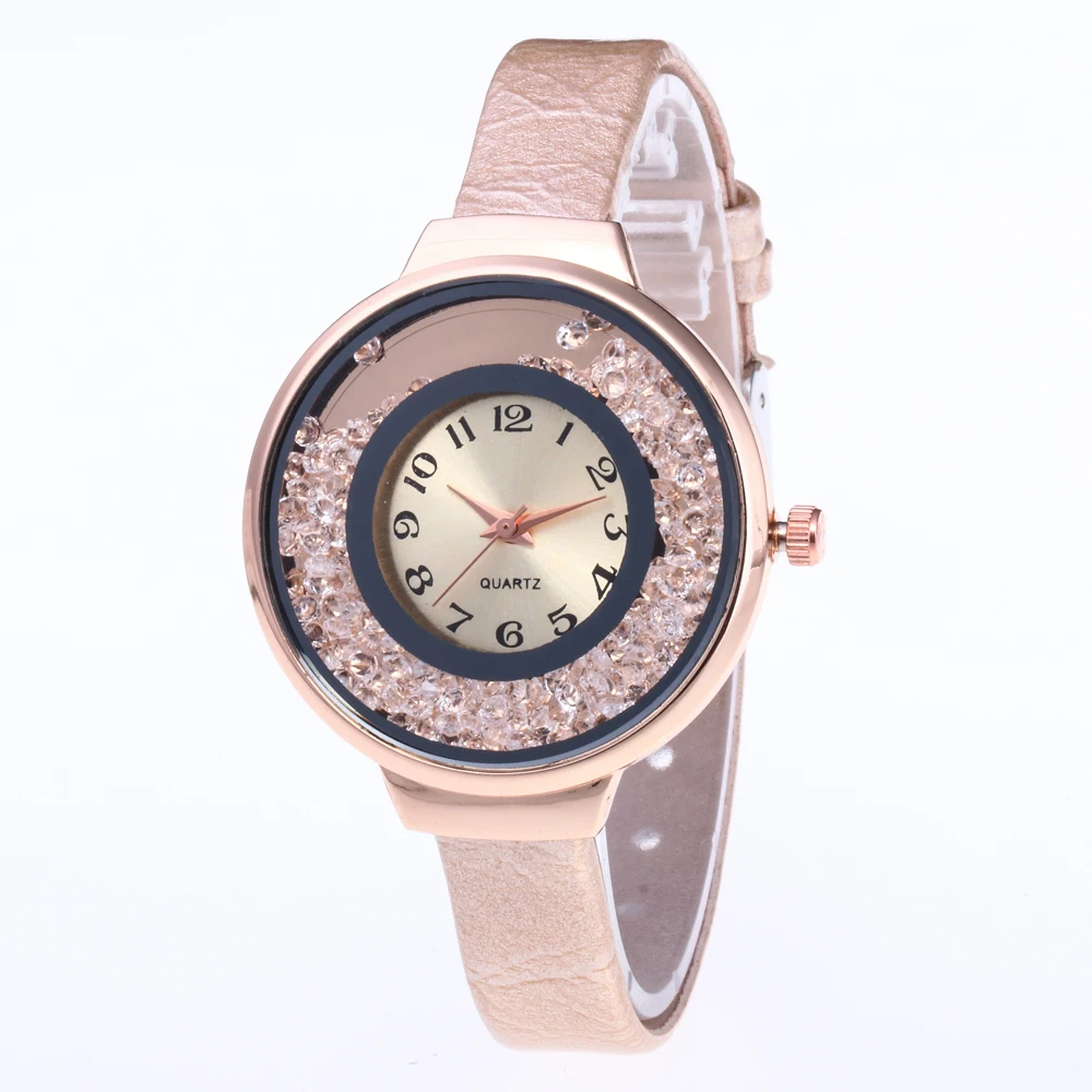 Fashion Watch Women Leather Dress Watch Luxury Rolling Crystal Quartz