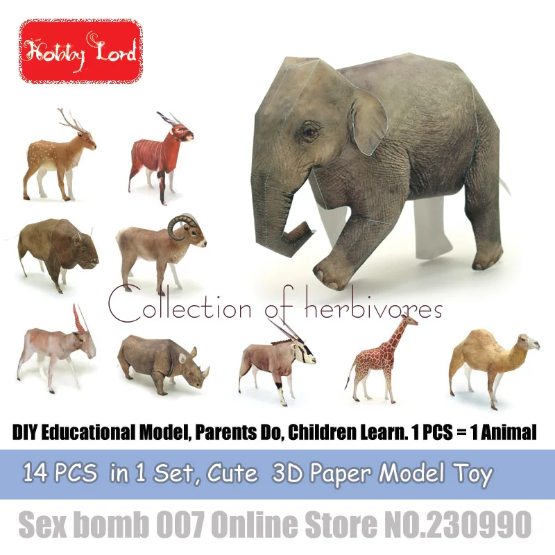 14-PCS-in-1-Herbivores-Animal-3D-Paper-Models-elephant-DIY-Educational ...