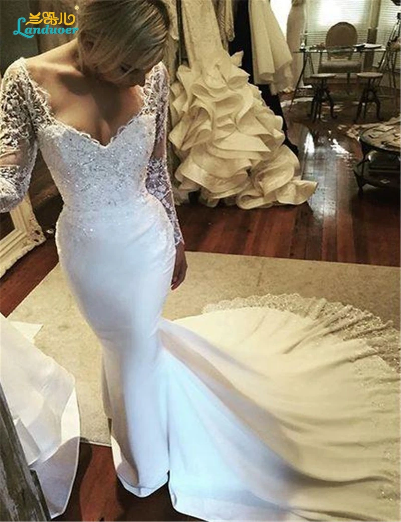 Top Quality Wedding Dresses Fish Tail Beautiful Long sleeve sweetheart ...