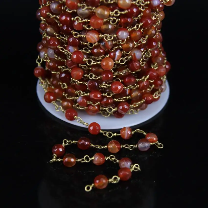 6mm size,Natural Agates Faceted Round Bead Chain,Orange Red Gems Stone ...