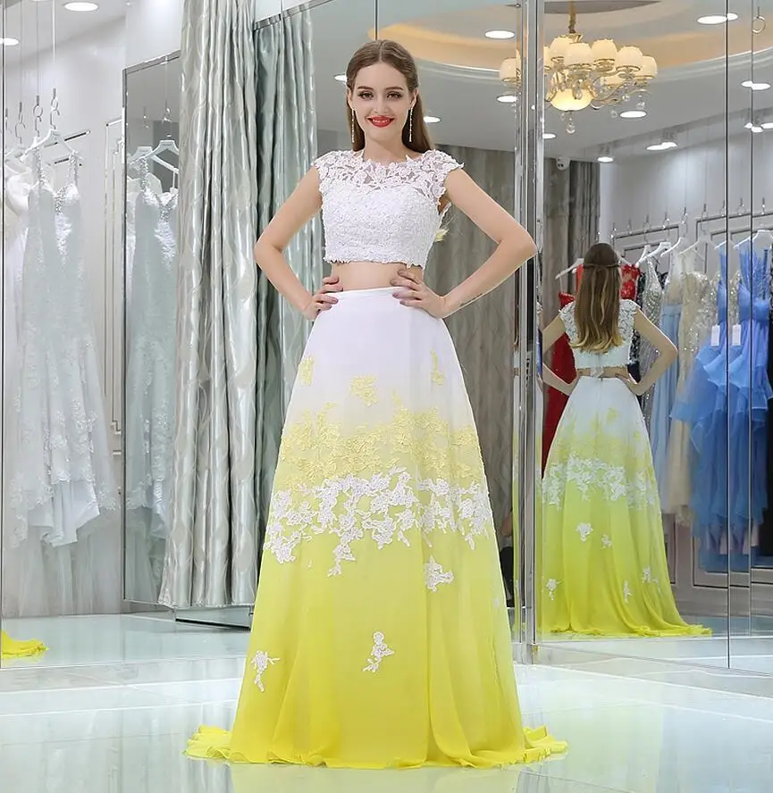 Sexy Two Piece Long Prom Dress A Line Lace Applique Two Color Party ...