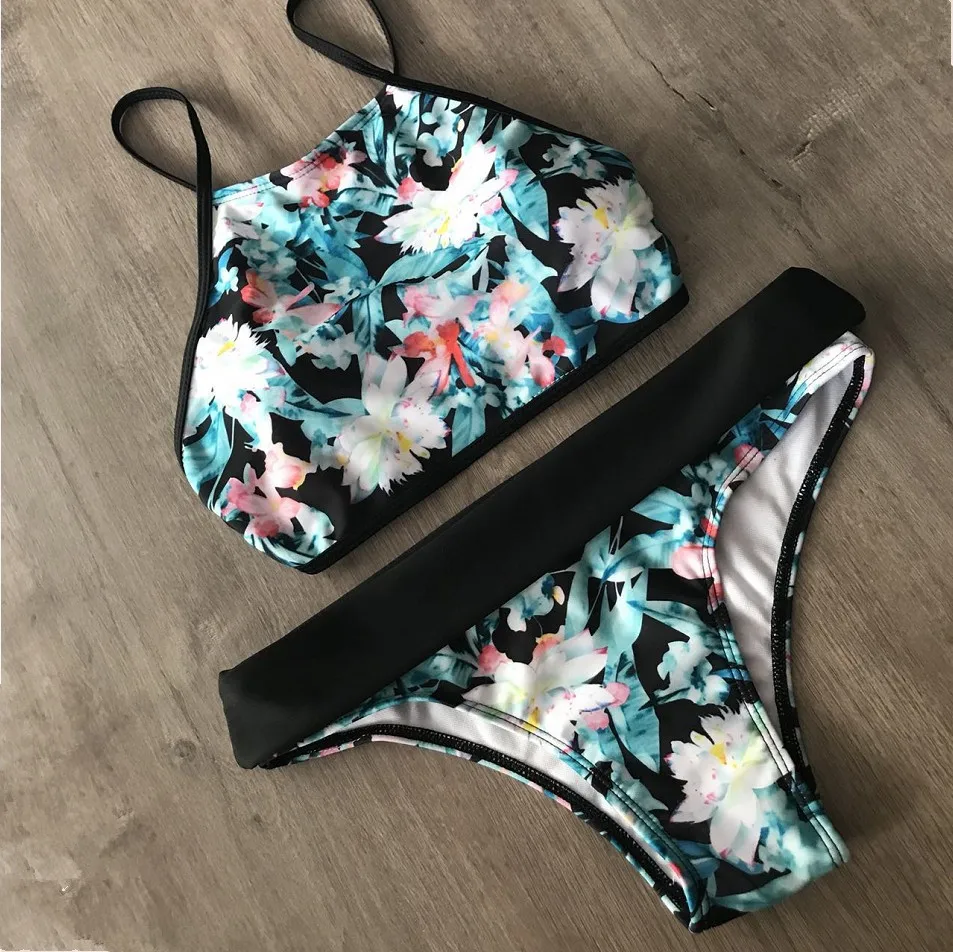 2018 Print Floral Hight Waist Bikini Two Piece Striped Tankini Swimwear