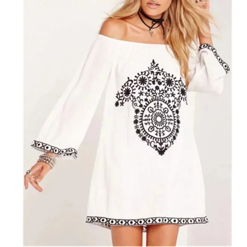 2016 Embroidery flower Off Shoulder Dress Vintage New Women Slash neck ...