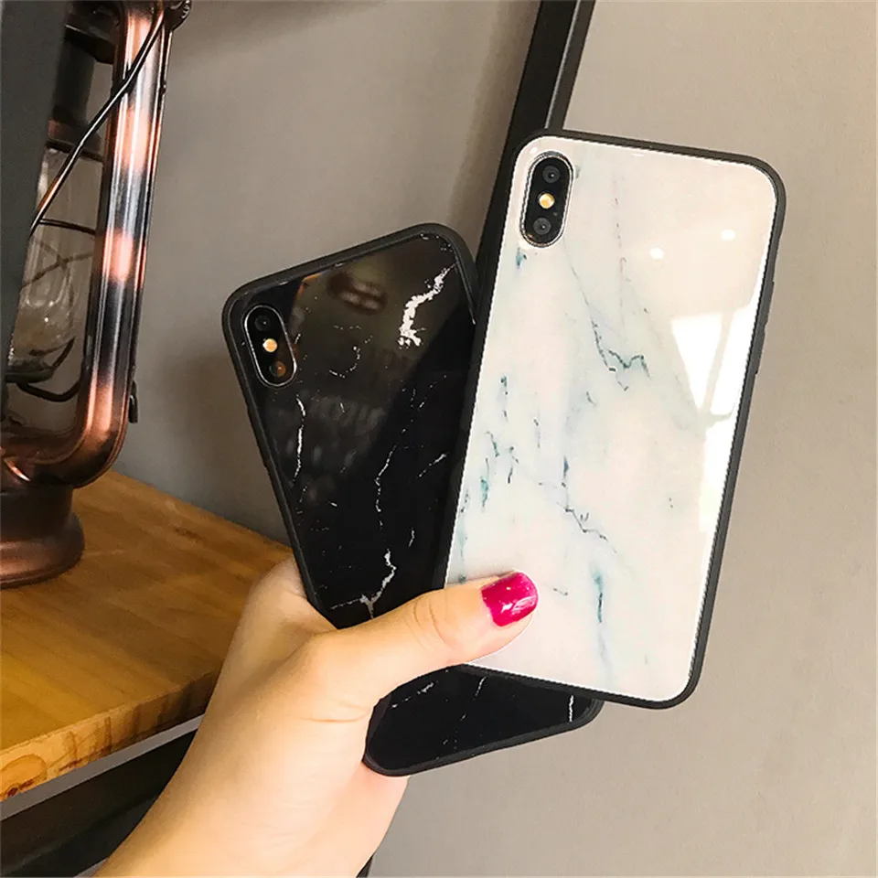 Tempered Glass Phone Case for iPhone 6 7 8 X Luxury Marble Glass Hard ...
