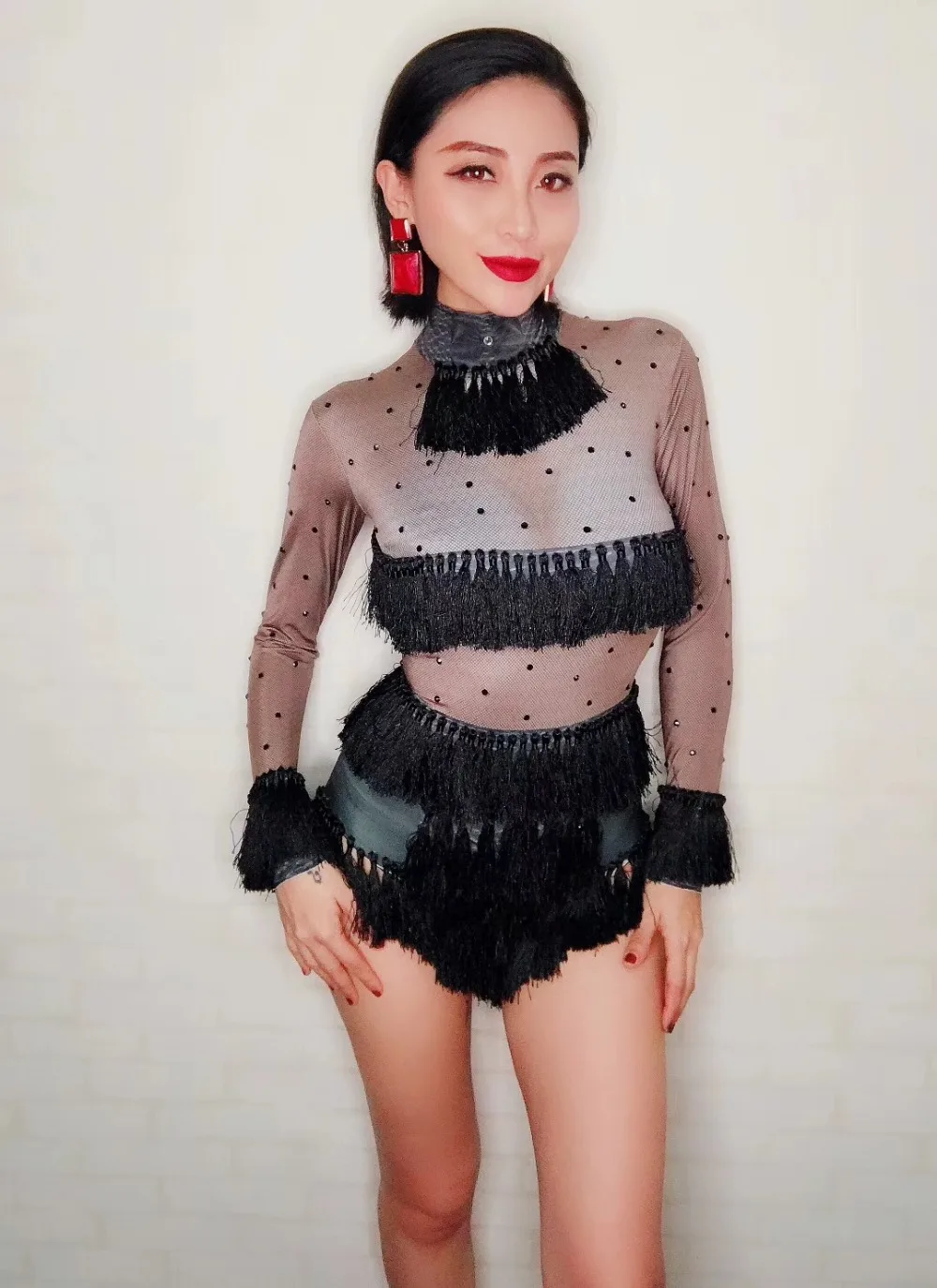 Sexy Black Fringes Leotard Dance Wear Costume One Piece Bodysuit Female