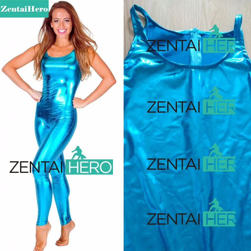 Free Shipping Sexy Womens Teamwear Blue Metallic Unitard Shiny