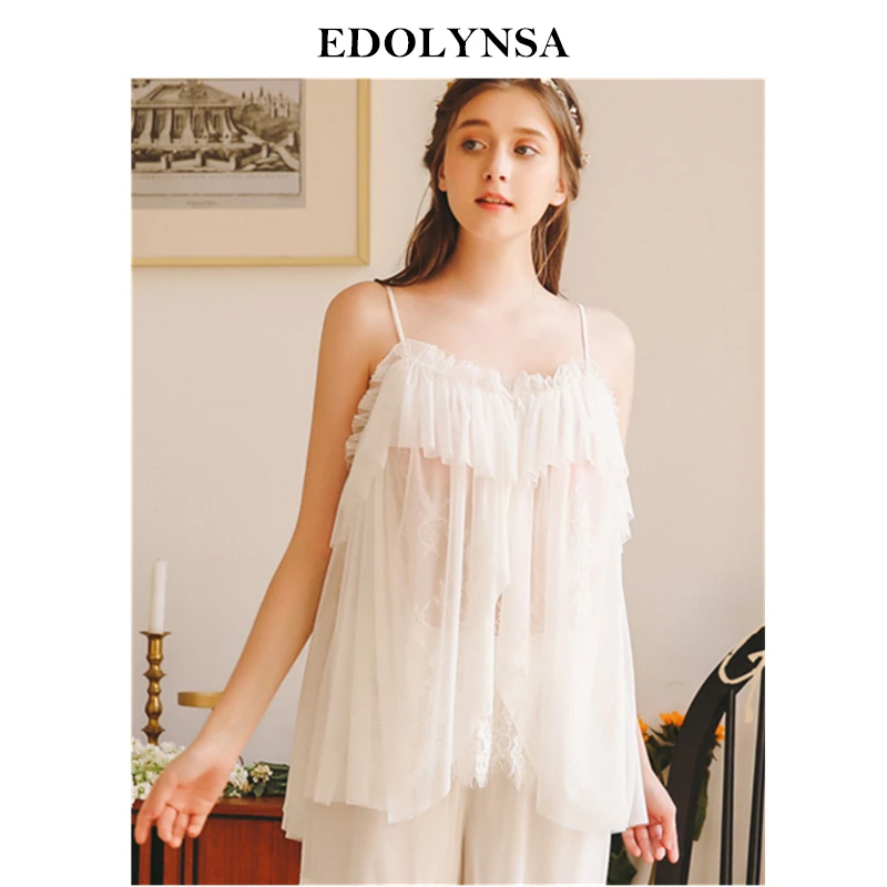 2023 Elegant Ruffled Pajama Set White Lace Sleepwear Women Pyjamas ...