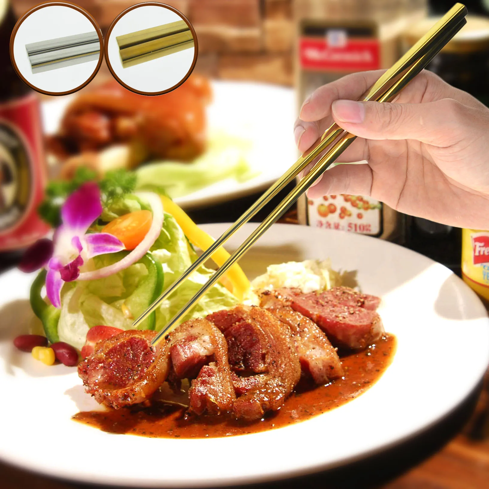 1 Pair Titanium Plating Gold Chopsticks Chinese Reusable Stainless ...