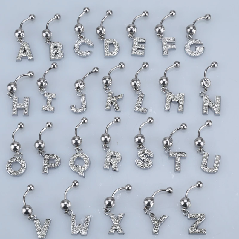 26 Styles A to R Fashion Letter Pendant Crystal Navel Belly Button Bar ...