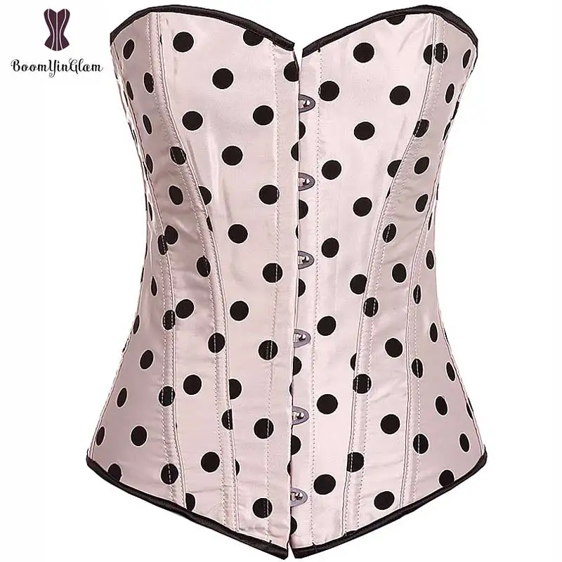 Black Polka Dot Pink Corset Satin Overbust Bustier Elastic Boned Corselet Top Front Busk Korset