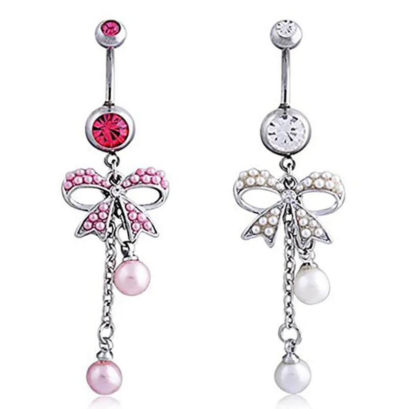 Womens Pearl Navel Rings Bow Piercing Navel Surgical Steel Piercing