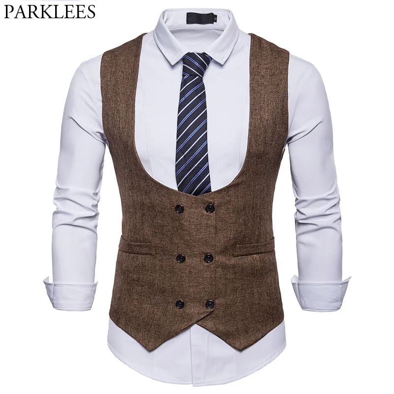 Mens Double Breasted Sleeveless Waistcoat 2018 Fashion U Neck Slim Fit