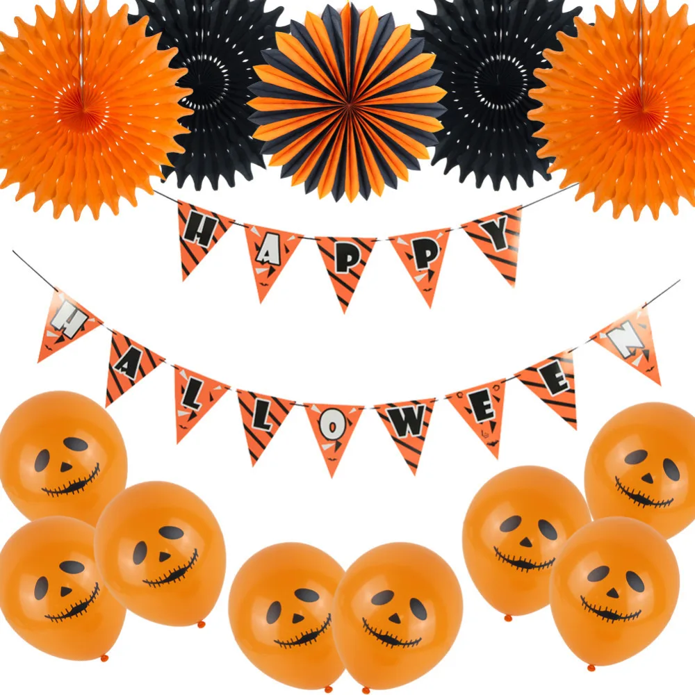 19pcs/set Halloween Decorations Orange & Blcak Happy Halloween Banner ...