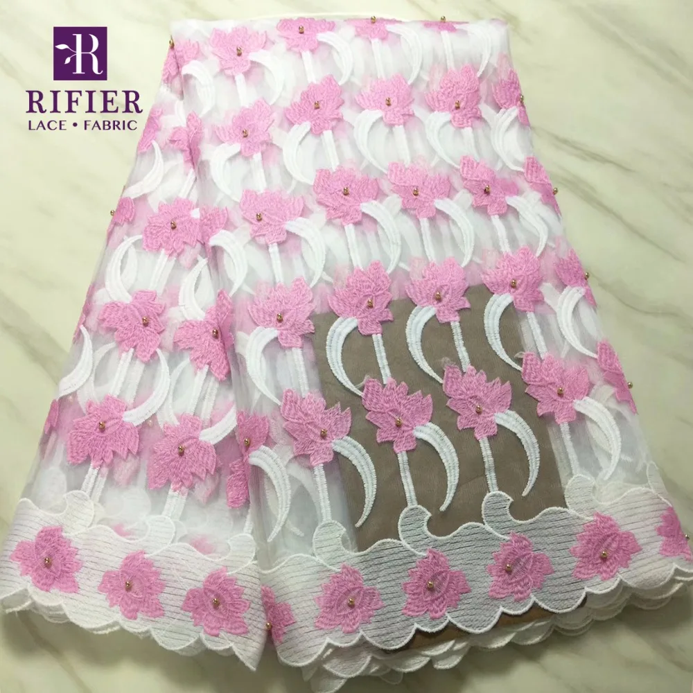 Pink Color African High Quality Mesh Tulle Lace Fabric With Beads ...