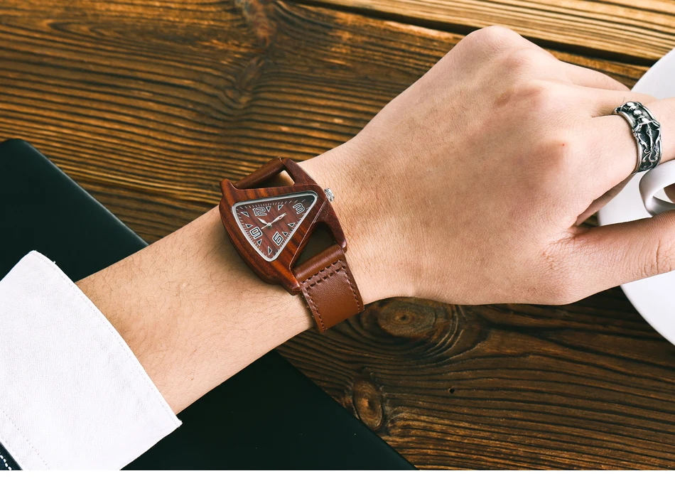 Wooden Triangular Wristwatch With Genuine Leather Band - Queerks™