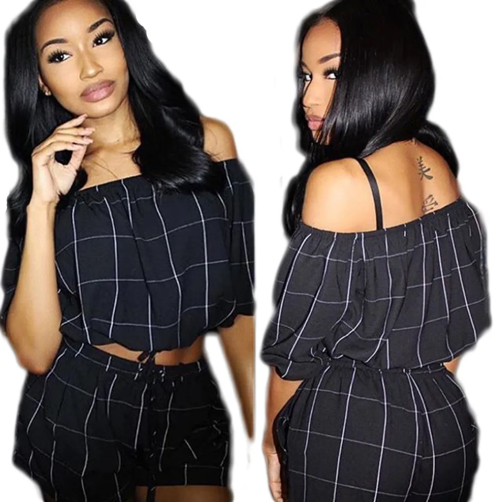 2016 Women Summer Sexy Long Sleeve Tight Two Piece Grid Print Crop Top