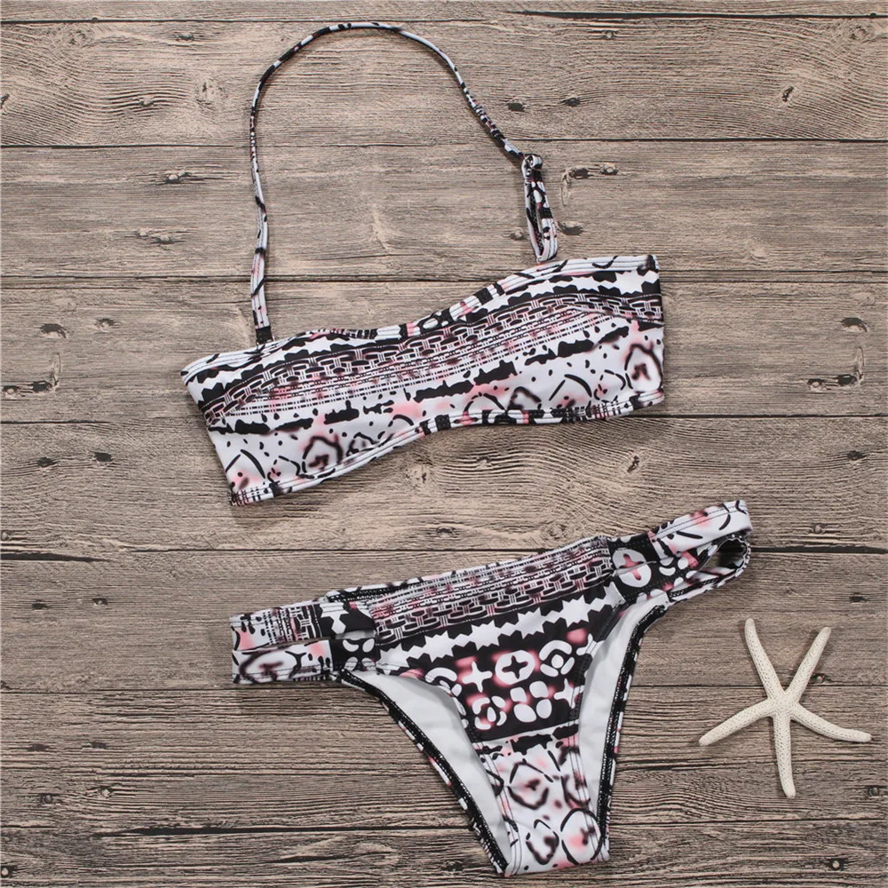Hollow Out Bikini Set Womens Swimsuit Print Padded Bathing Suit Low