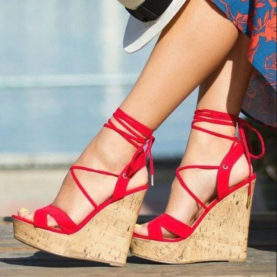 Red Wedges Shoes With Straps