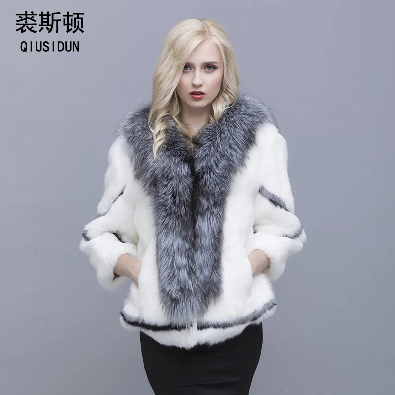 Real Natural Women's Rabbit Fur Coat Fox Fur Collar Large Size Rabbit ...