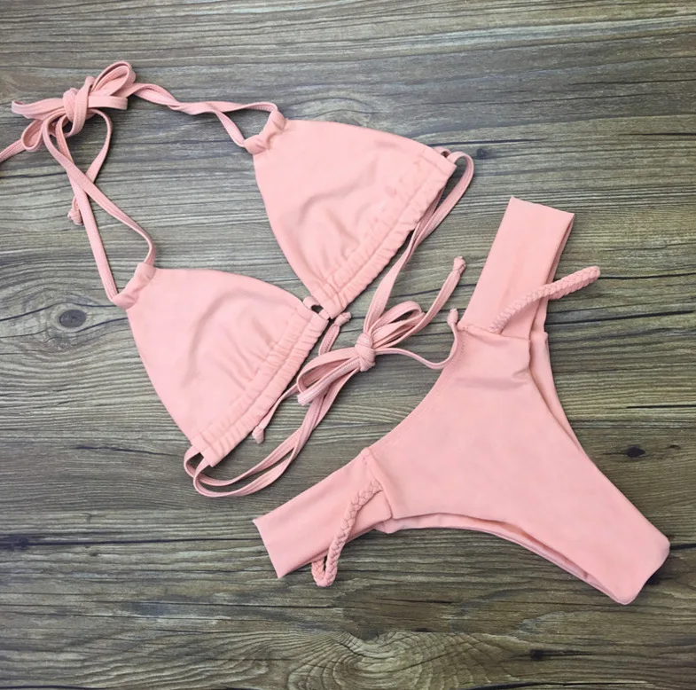 2018 Bikini Pink Basic Women Sexy Bikinis Mujer Brasileno With Thong Two Piece Swimsuit Beach