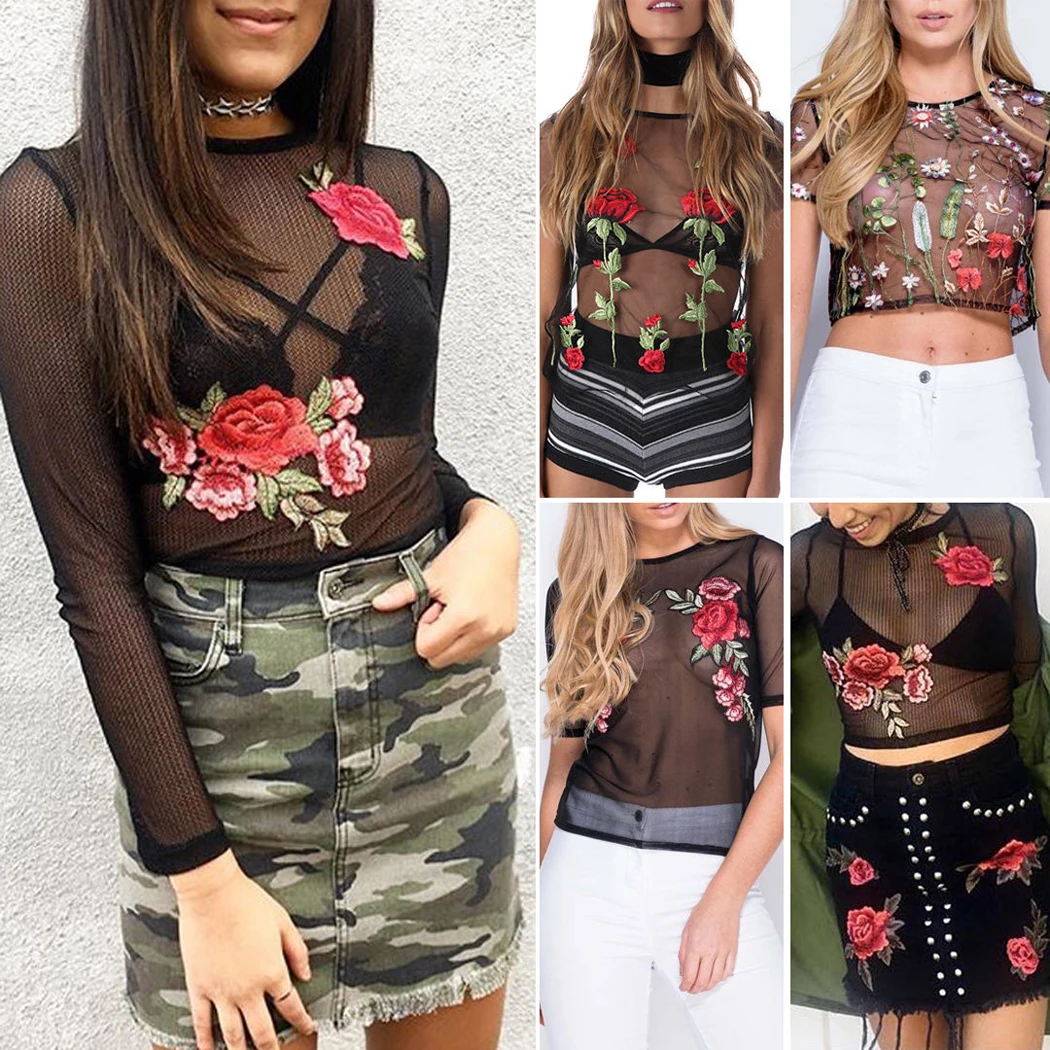 Women Sexy Floral Embroidery T Shirt Crop Top Long Sleeve Sheer Mesh ...