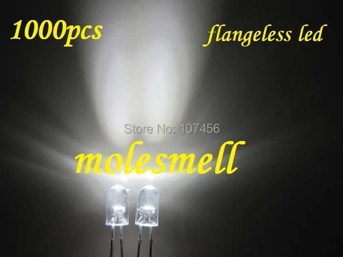 1000pcs 5mm White Round Flangeless Water Clear LED Leds Light 2 Pin 5mm ...
