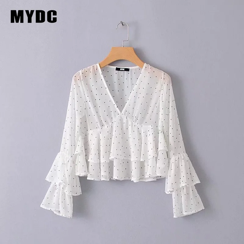 MYDC 2018 spring wowen new translucent voile long flare sleeve sexy v ...